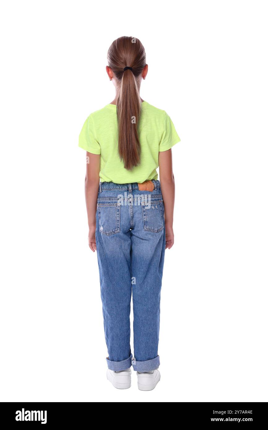 Girl with correct posture standing on white background, back view Stock ...