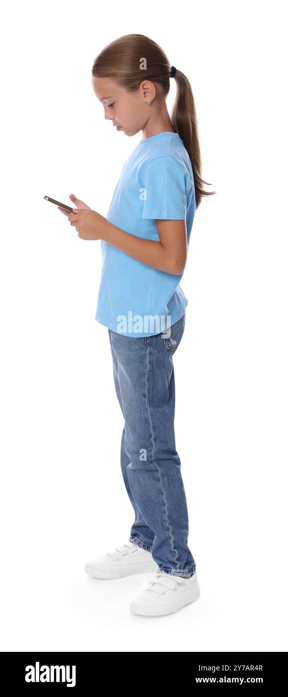 Girl with correct posture using smartphone on white background Stock ...