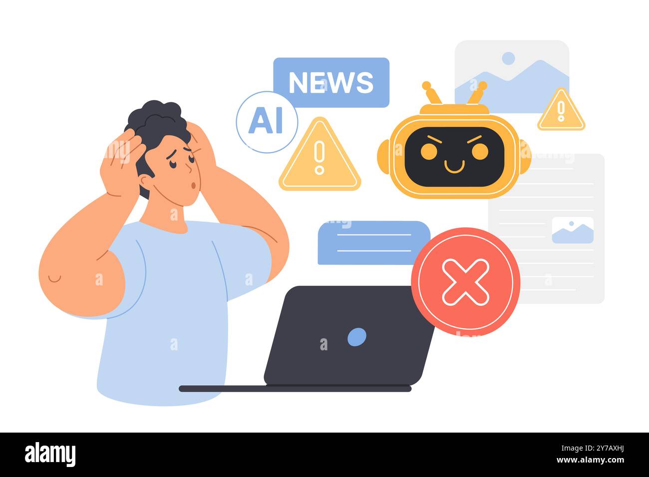 AI ethics, artificial intelligence content governance, regulation and control. Frightened man ...