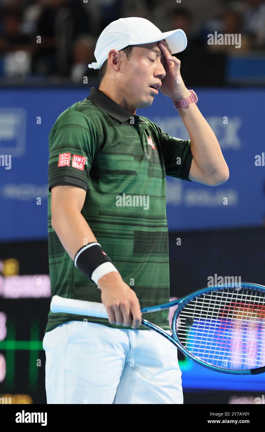 Tokyo, Japan. 29th Sep, 2024. Japan's Kei Nishikori is disappointed as he lost a key point ...