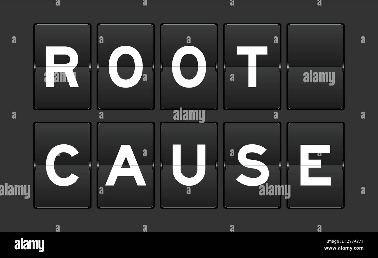 Black color analog flip board with word root cause on gray background ...