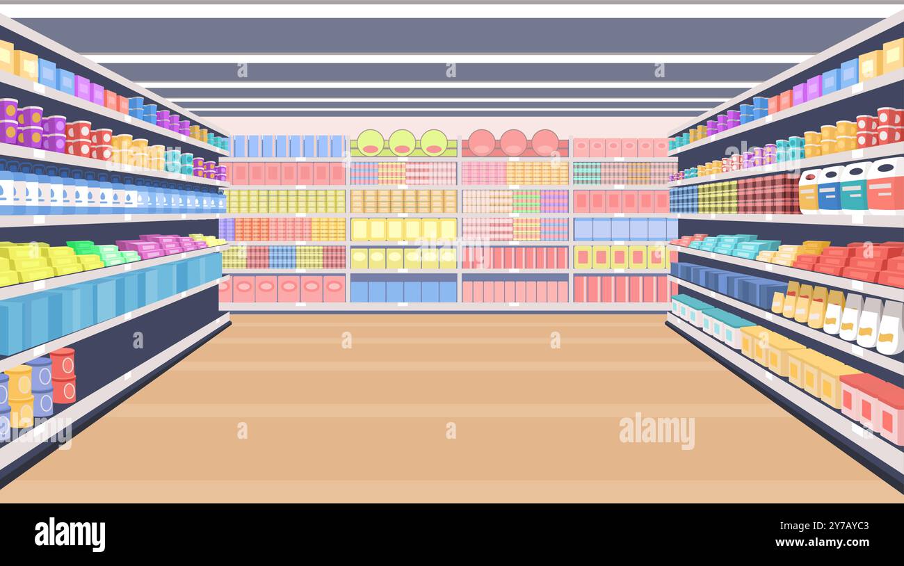 Retail shop inside with shelves row full of goods background, racks of ...