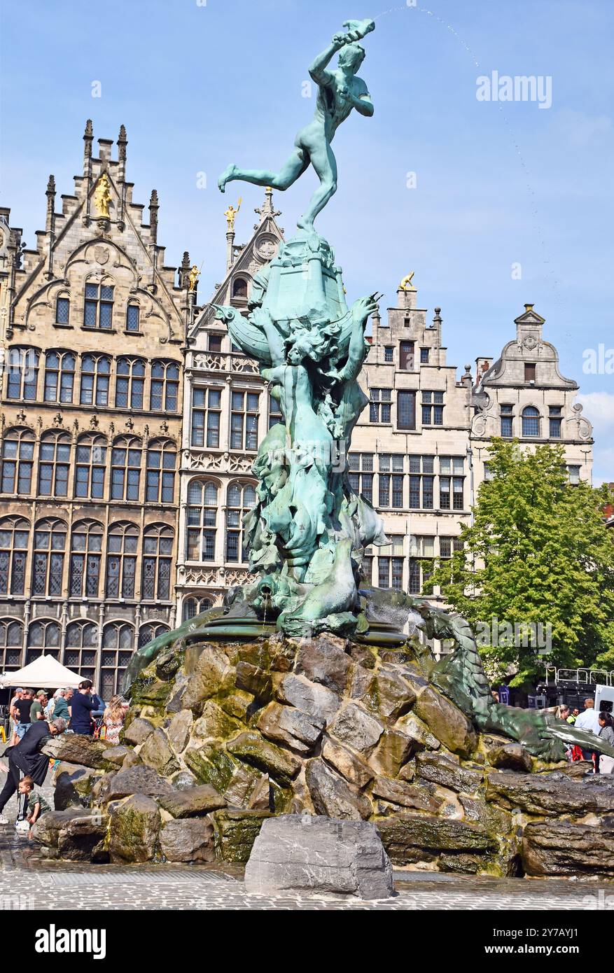 The Brabo Fountain, a bronze figure of legendary Roman figure, Silvius ...