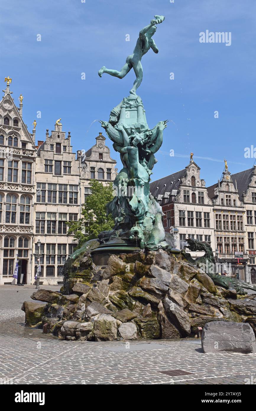 The Brabo Fountain, a bronze figure of legendary Roman figure, Silvius ...