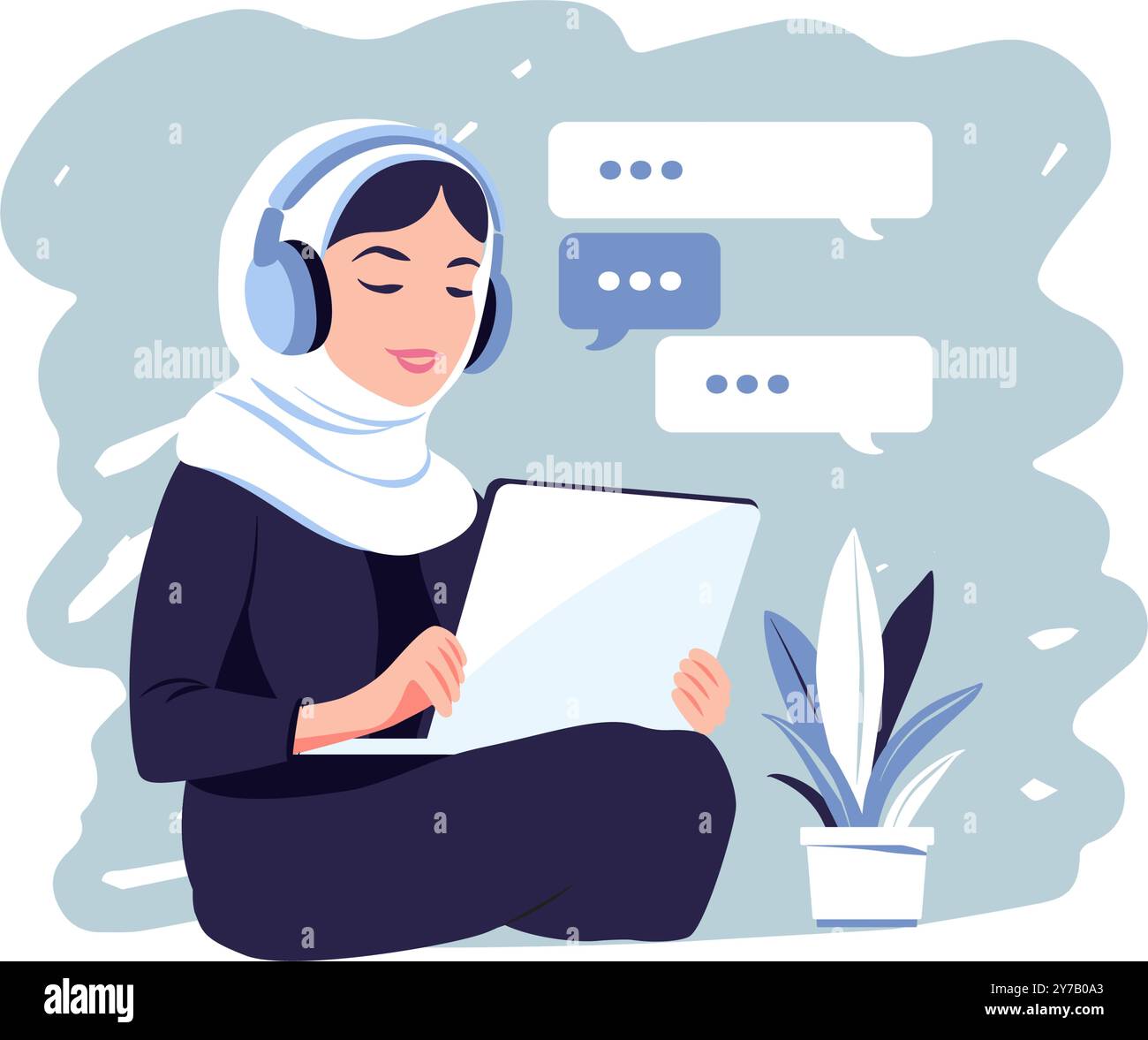 Muslim woman in hijab woman sitting with laptop. Concept remote working ...