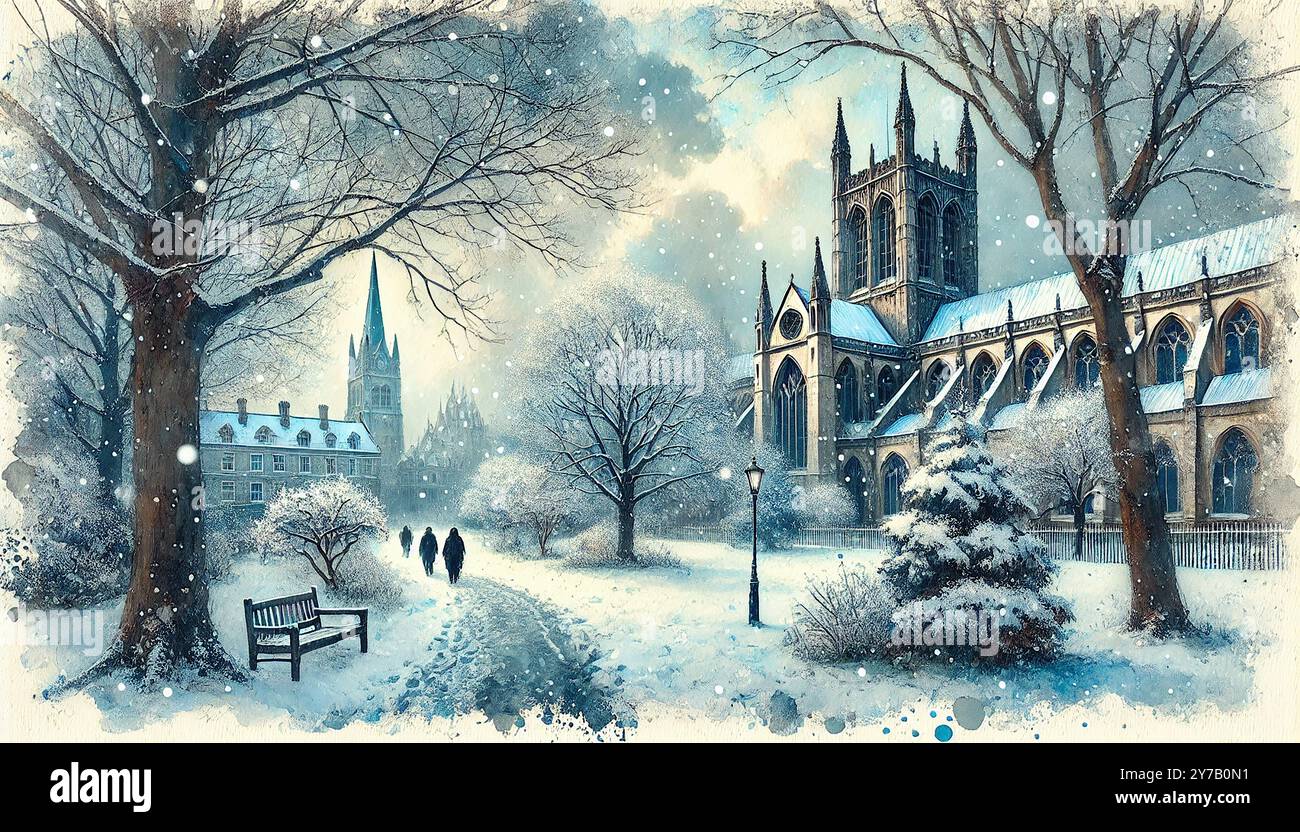 An (AI) watercolour depiction of a peaceful British winter scene with ...