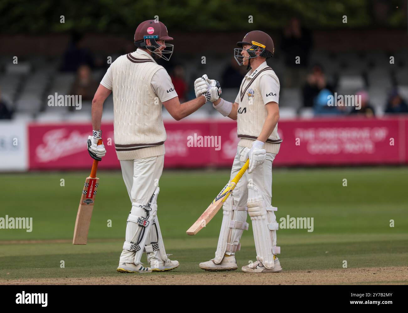 Surrey's Dom Sibley after hitting a century with Josh Blake during the ...