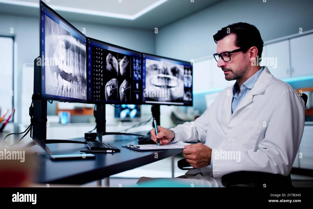 Radiologist Dentist Using X Ray Software On Desktop Computer Stock ...