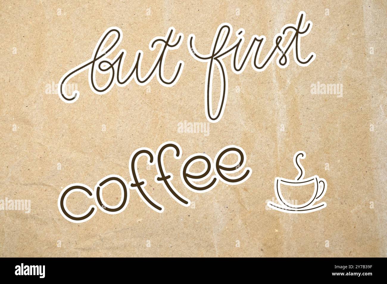 Brown First Coffee lettering on paper background with brown text ...