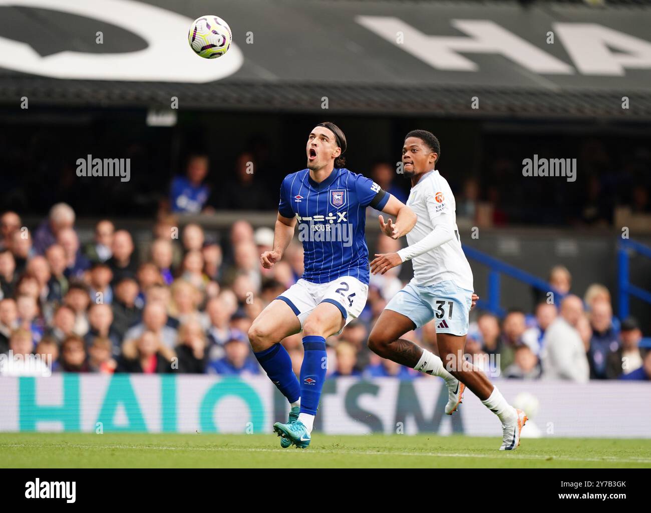 Ipswich Town's Jacob Greaves (left) and Aston Villa's Leon Bailey in action during the Premier ...