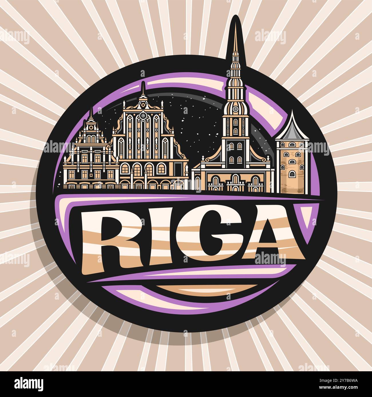 Vector logo for Riga, dark decorative round tag with outline illustration of famous european ...