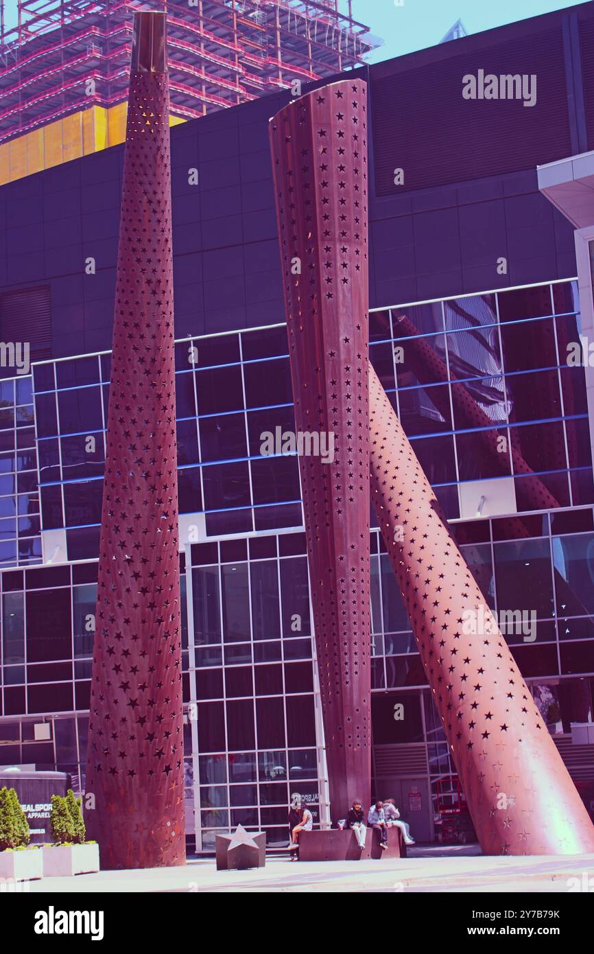 The three steel column 'Search Light, Star Light, Spot Light' sculpture ...