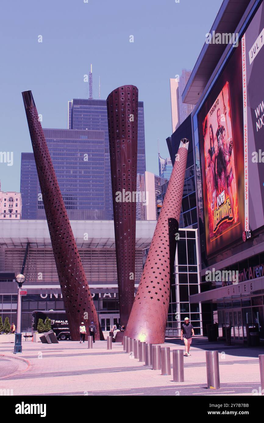 The three steel column 'Search Light, Star Light, Spot Light' sculpture by John McEwen, outside ...