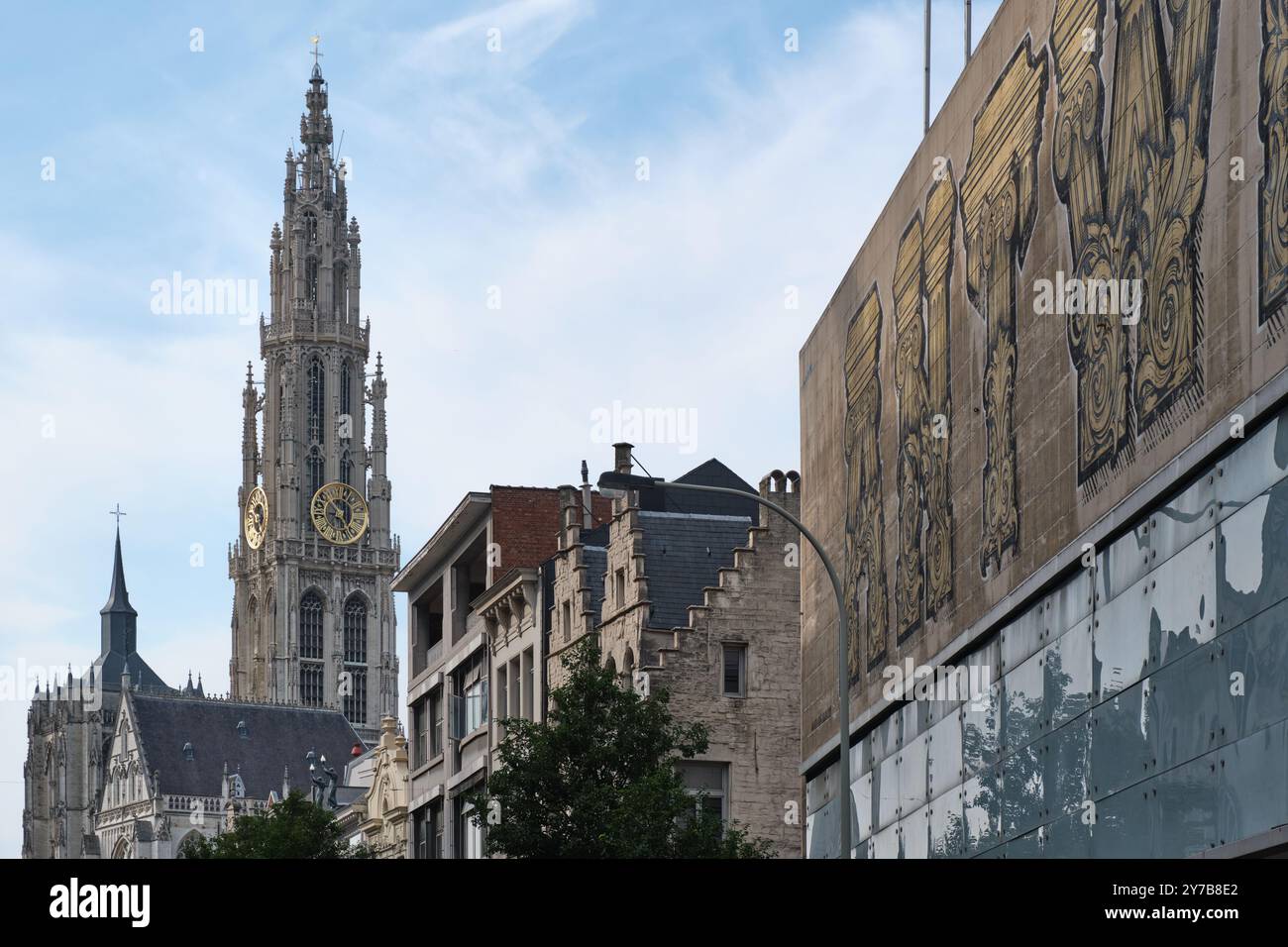 The tower of the cathedral in Antwerp city cntre, viewed from Eiermarkt ...