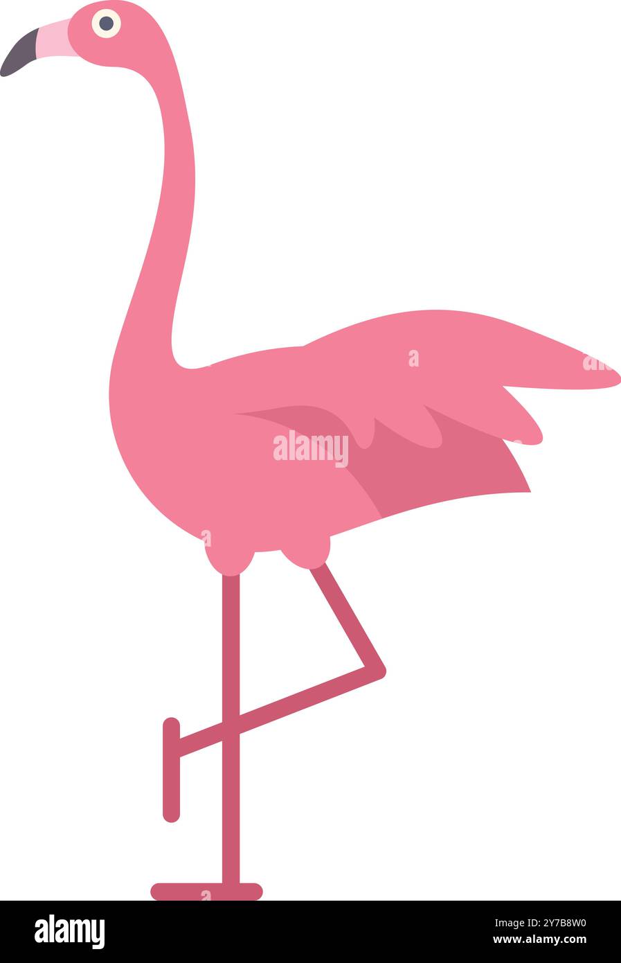 This vector illustration features a pink flamingo standing on one leg ...