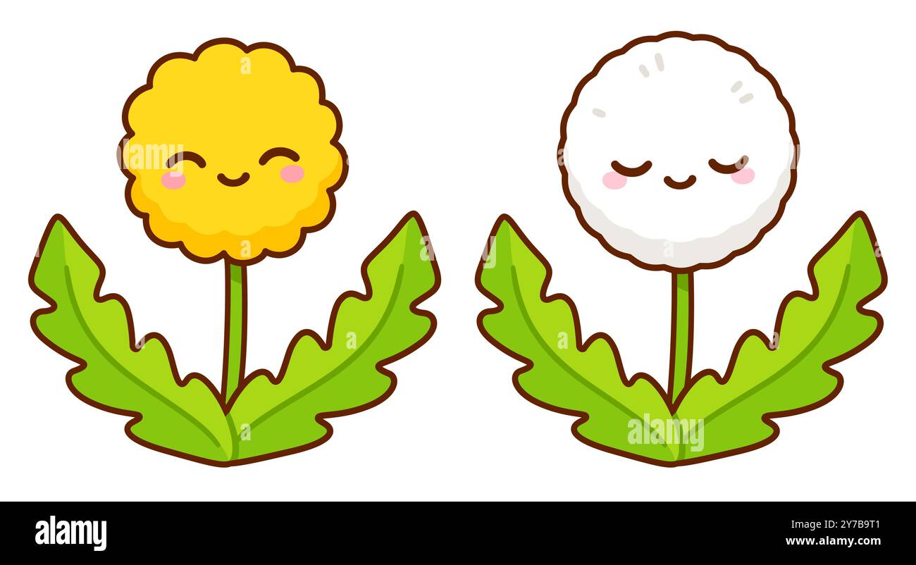 Cute cartoon dandelion, yellow flower and white puff. Kawaii dandelion ...