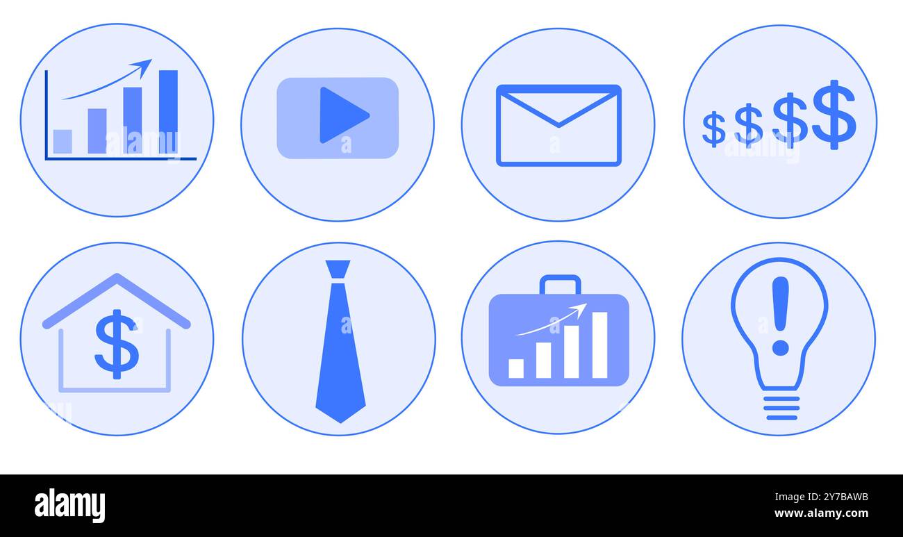 set of eight business-related icons in blue circles. The icons include ...