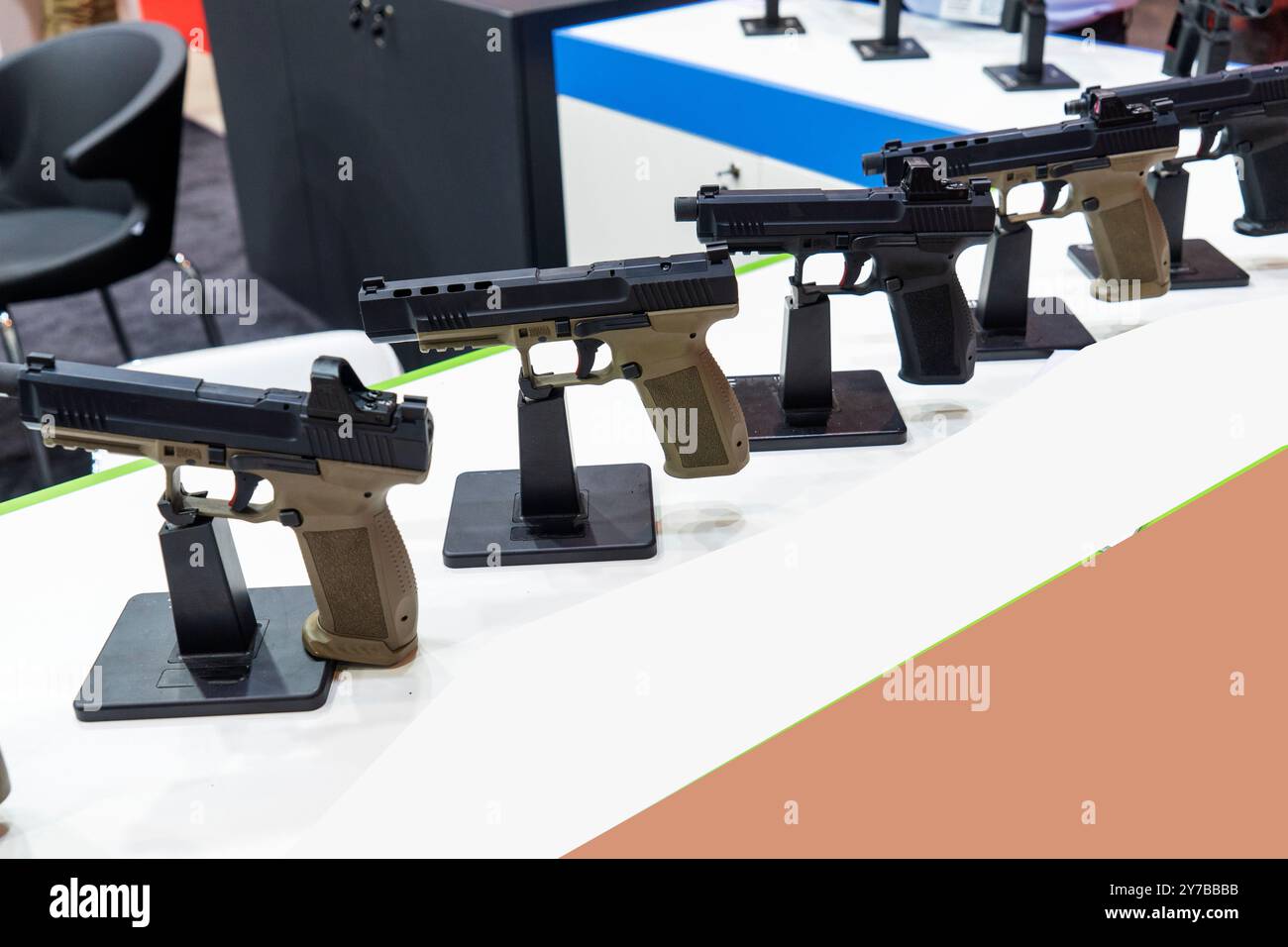 Modern military pistols, revolvers, at the exhibition, military ...