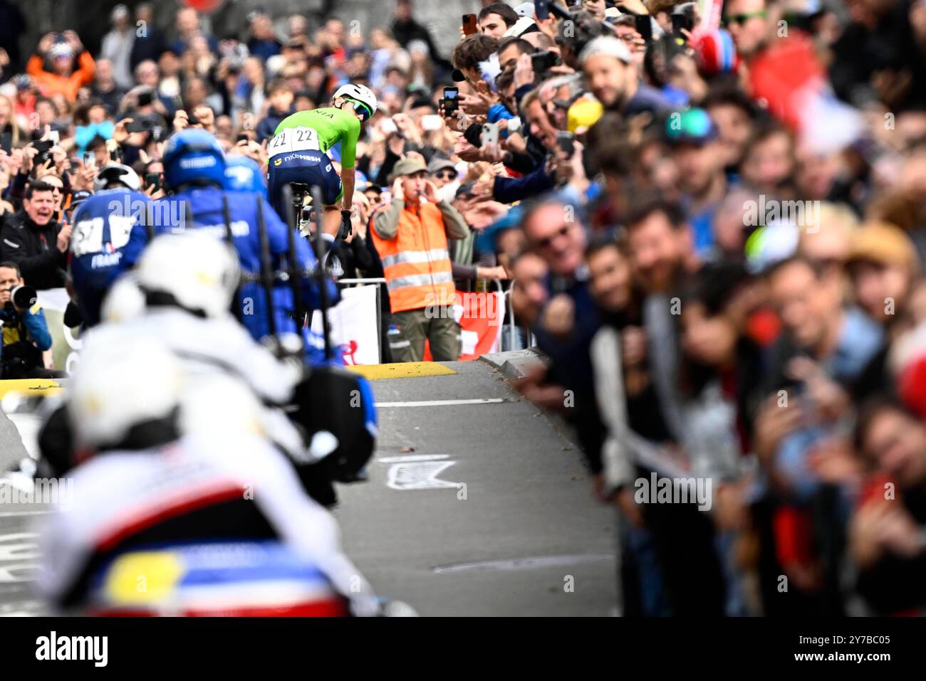 Switzerland. 29th Sep, 2024. Slovenian Tadej Pogacar and pictured in the lead of the elite men ...