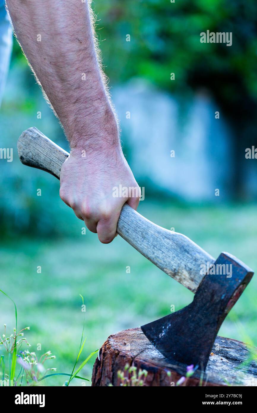 Chopping firewood axe close up hi-res stock photography and images - Alamy
