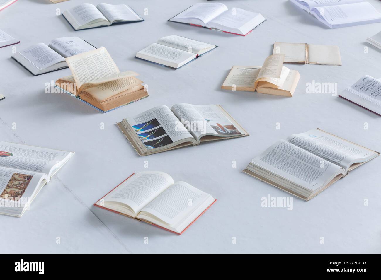 Physical books lay open on floor. Examine intimacy and relationships ...