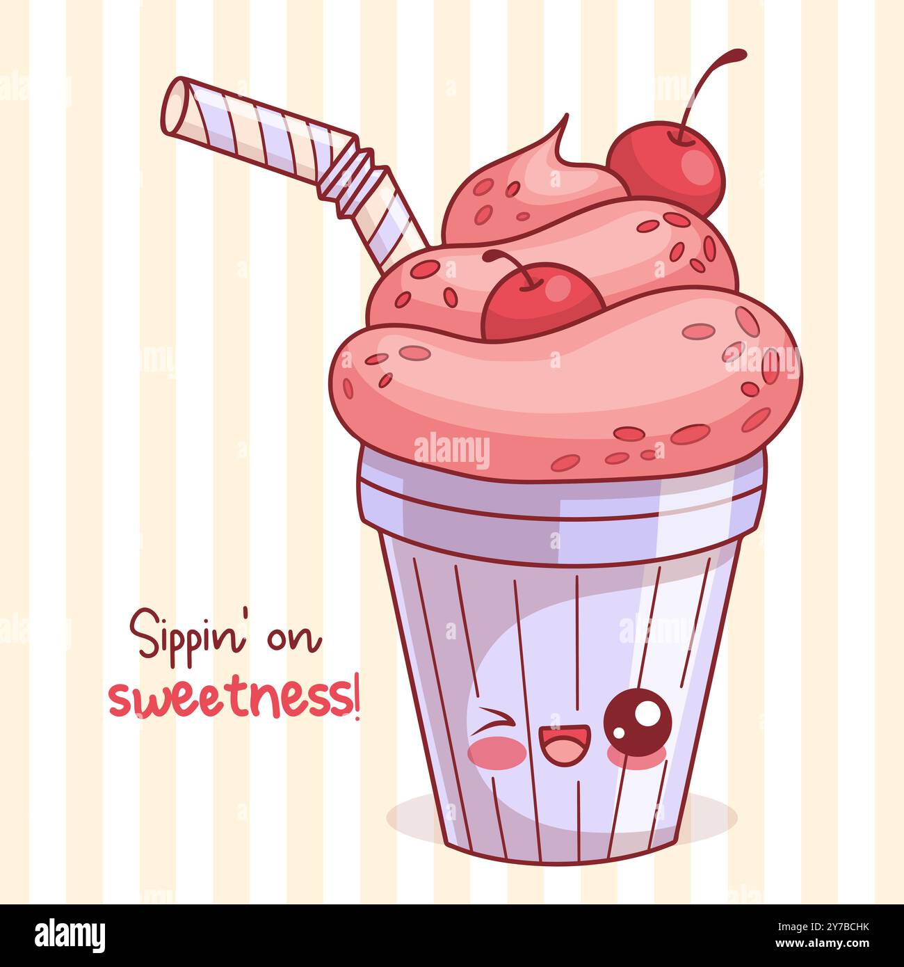 Cute glass of milk shake with cream dessert, cherries and straw. Funny ...