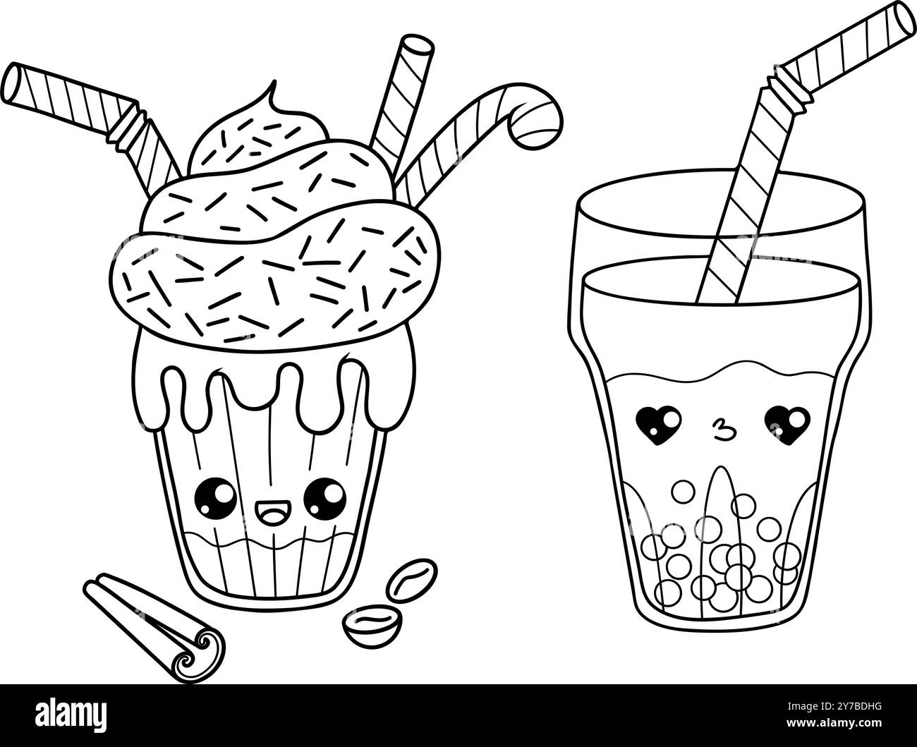 Outline glass milk shake with cream dessert, striped candies and bubble ...