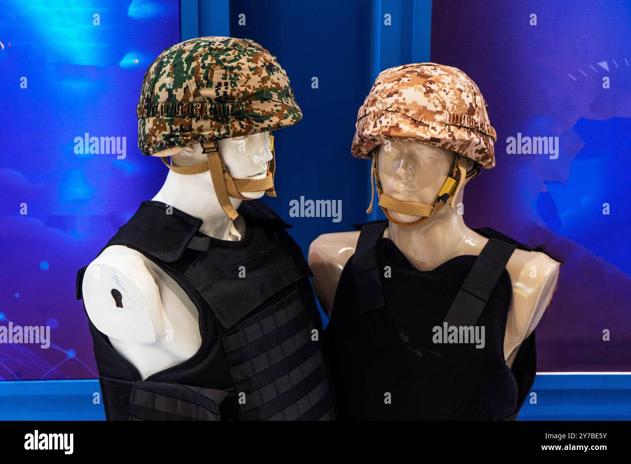 Modern military protective clothing is on display on mannequins at the ...