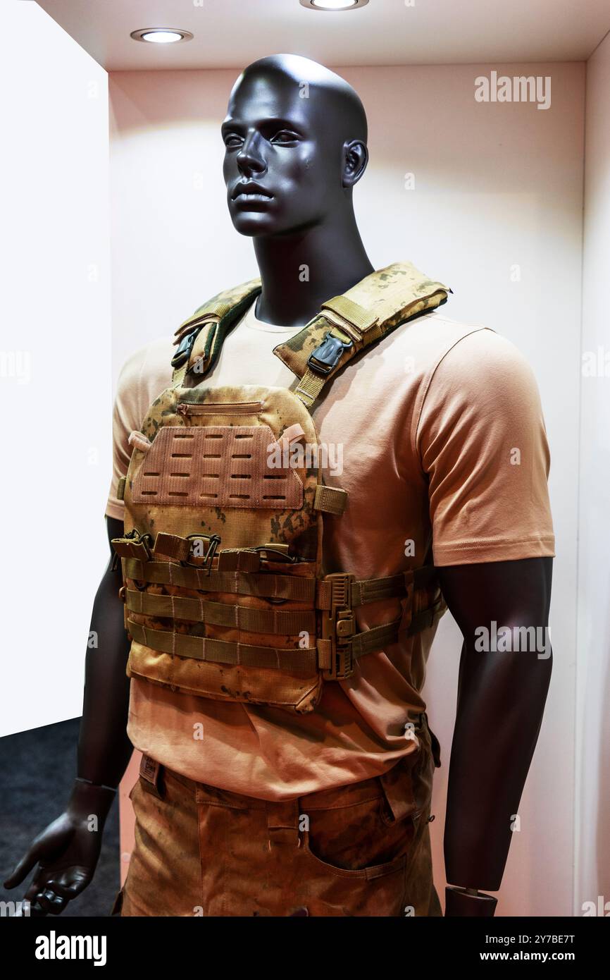 Modern military protective clothing is on display on mannequins at the ...