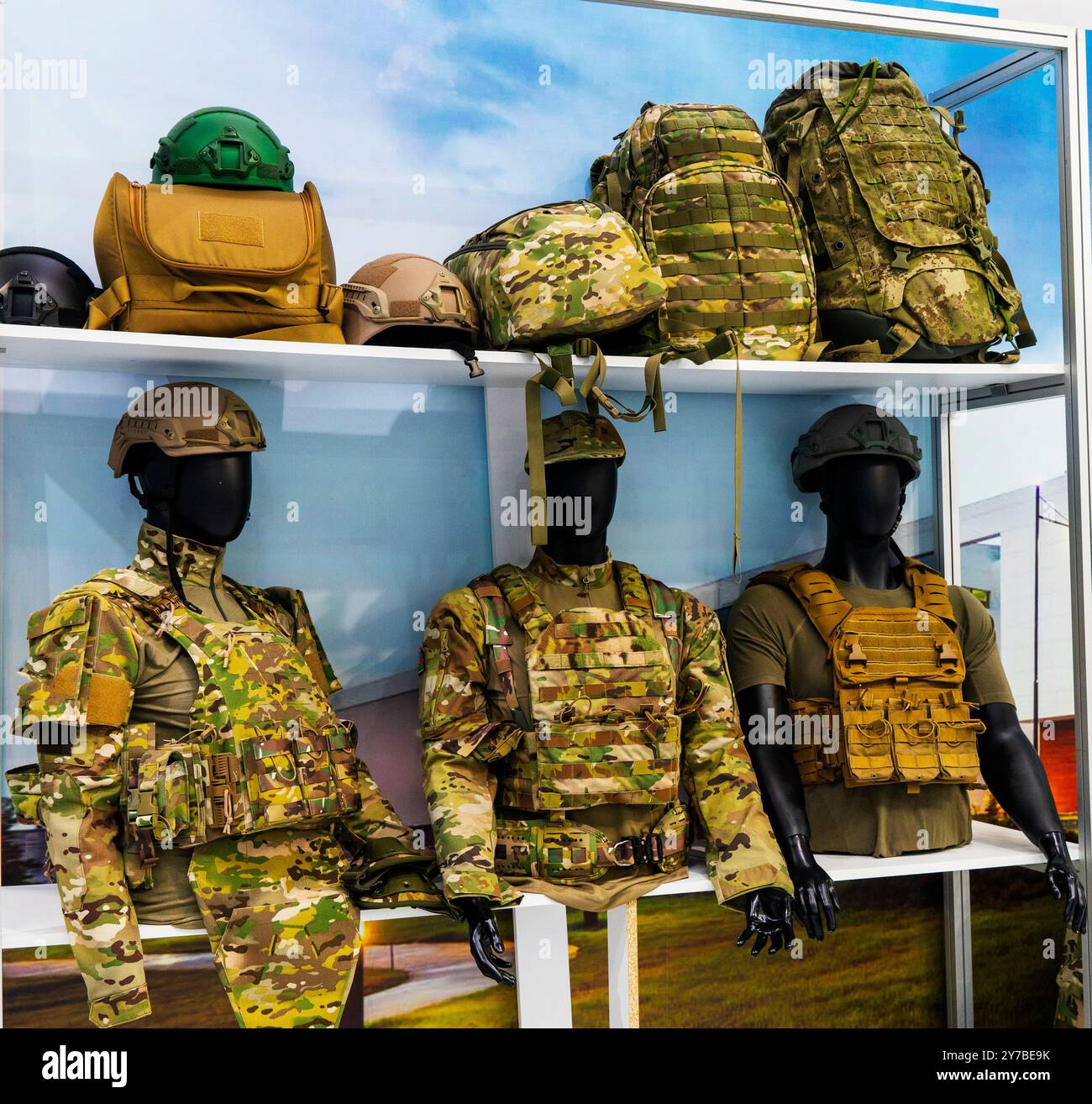 Modern military protective clothing is on display on mannequins at the ...