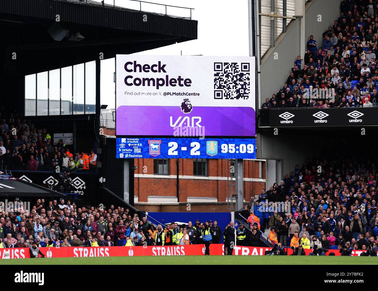 The big screen showing a VAR review featuring a QR code during the ...
