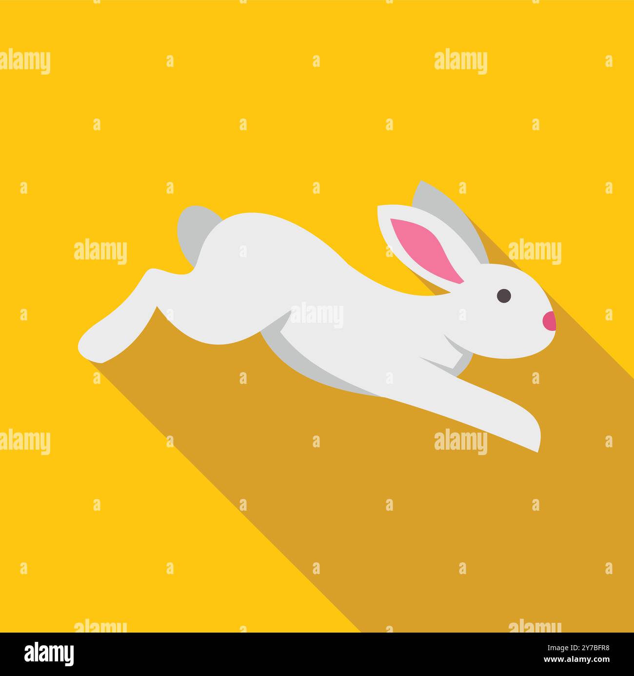 White rabbit jumping on yellow background, long shadow flat design icon ...