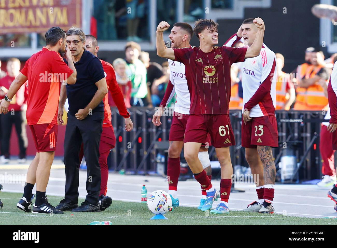 Rome, Italy. 29th Sep, 2024. Niccolo' Pisilli of Roma celebrates after ...