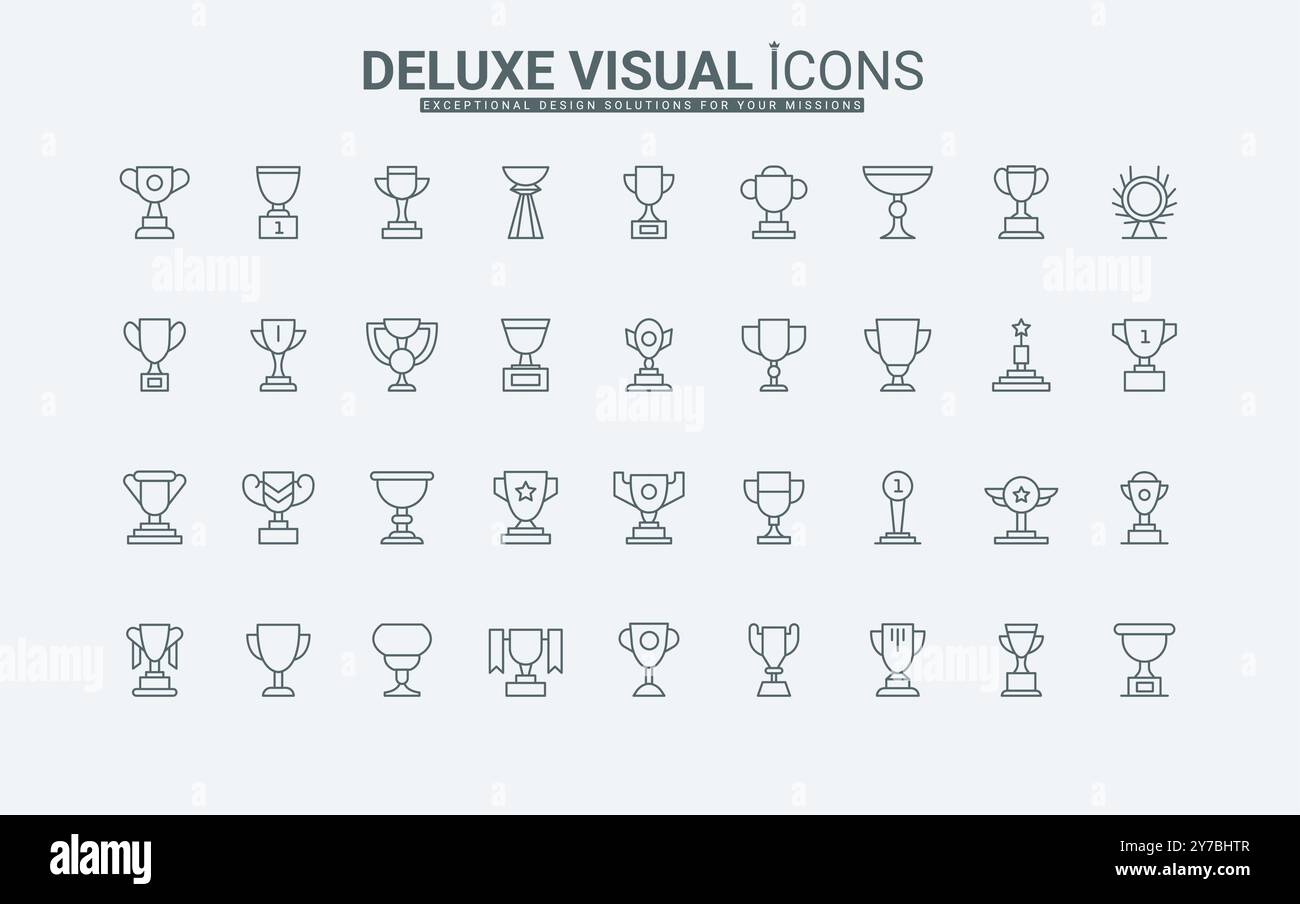 Trophy cup line icons set. Goblets of different shapes, award labels ...