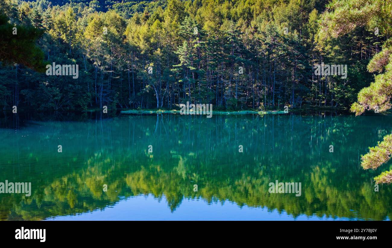 A calm, pristine, man-made pond in Nagano Prefecture, Japan, surrounded ...