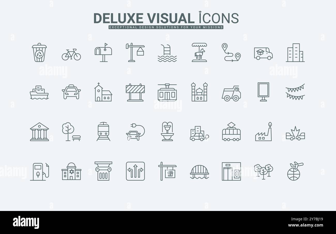 Cityscape line icons set. Museum and amusement park, bridge and mosque ...