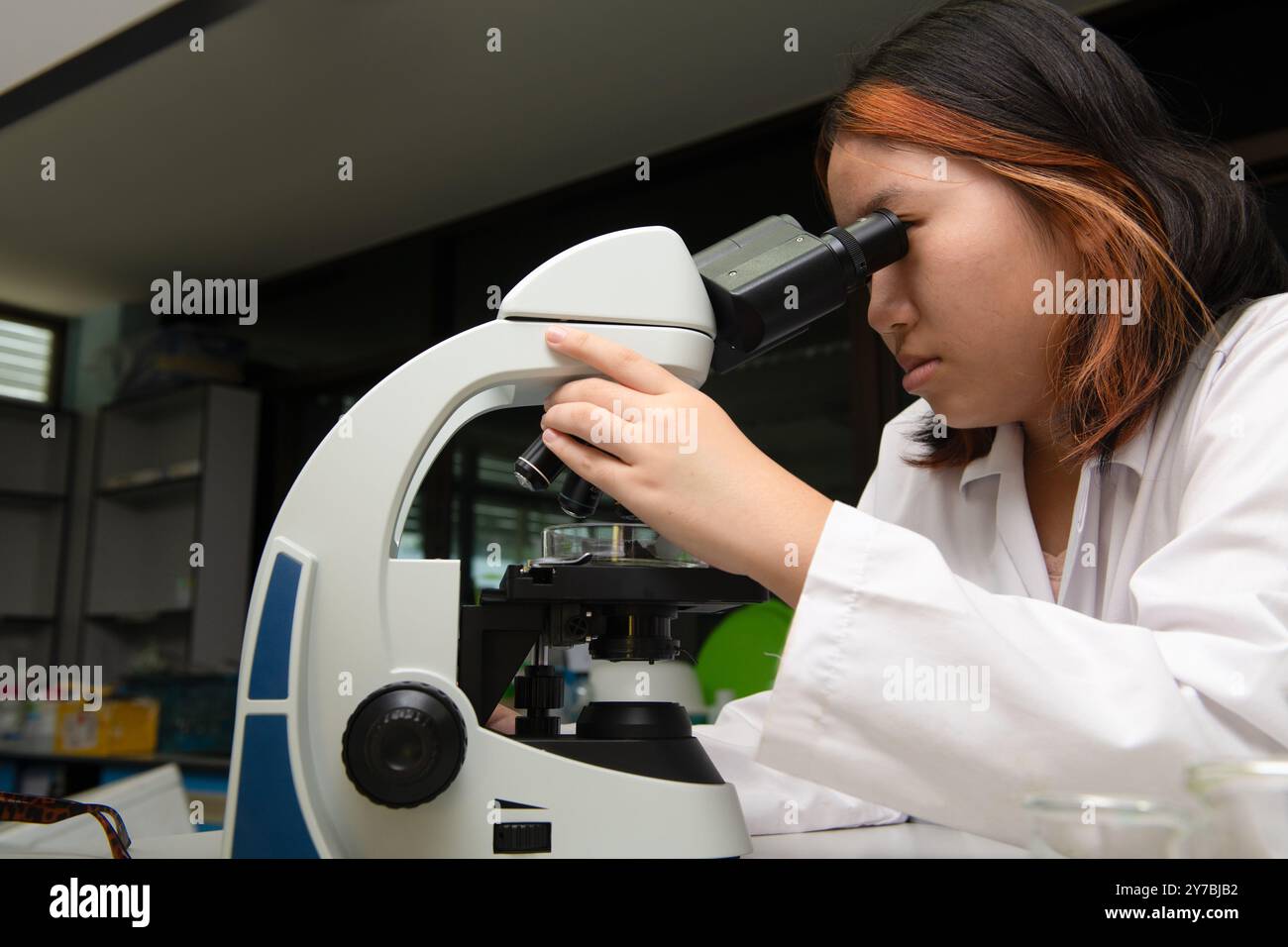 Cute scientist schoolgirl in lab coat looks through microscope for study microbiology in ...