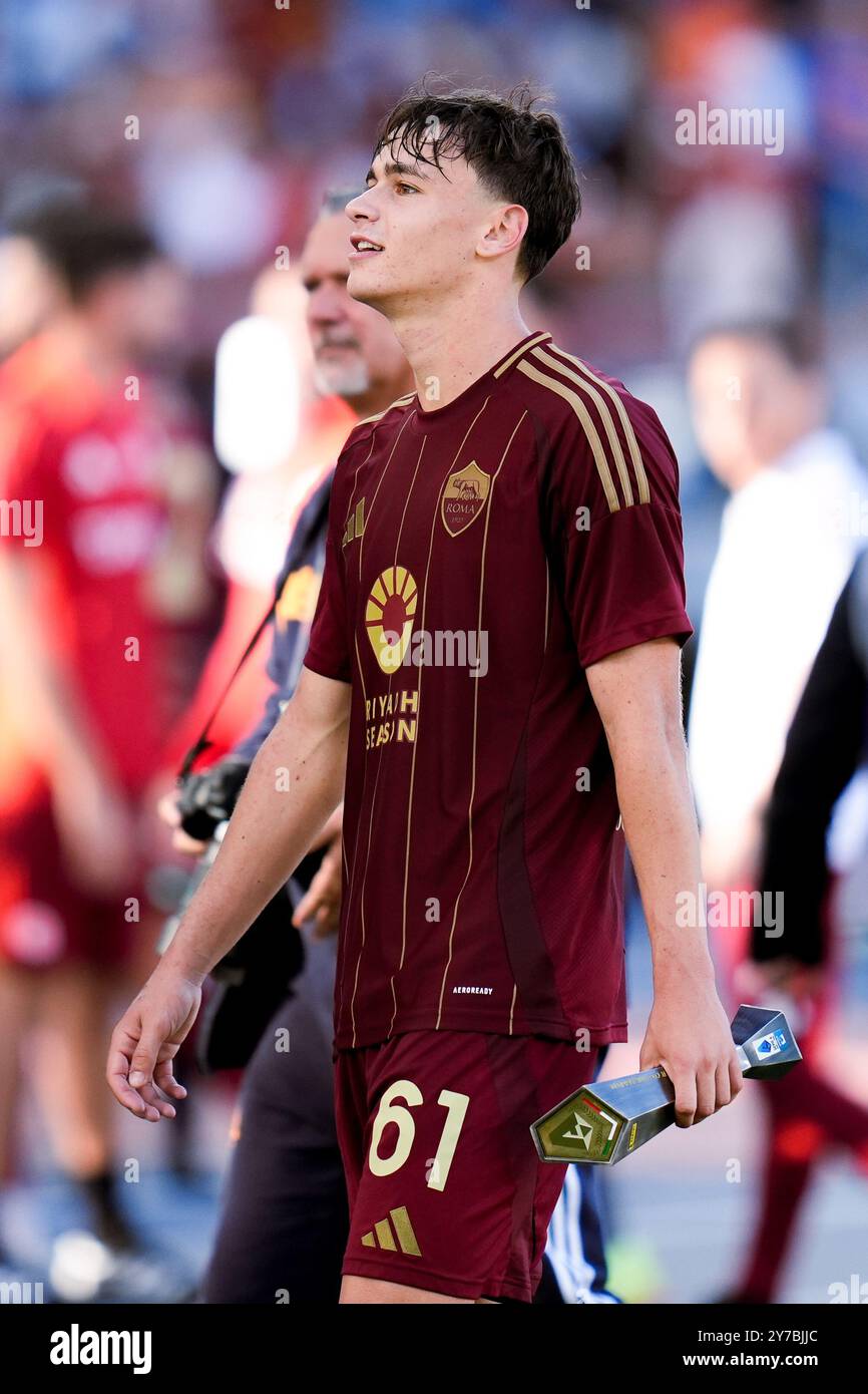 Rome, Italy. 29th Sep, 2024. Niccolo' Pisilli of AS Roma receives the ...