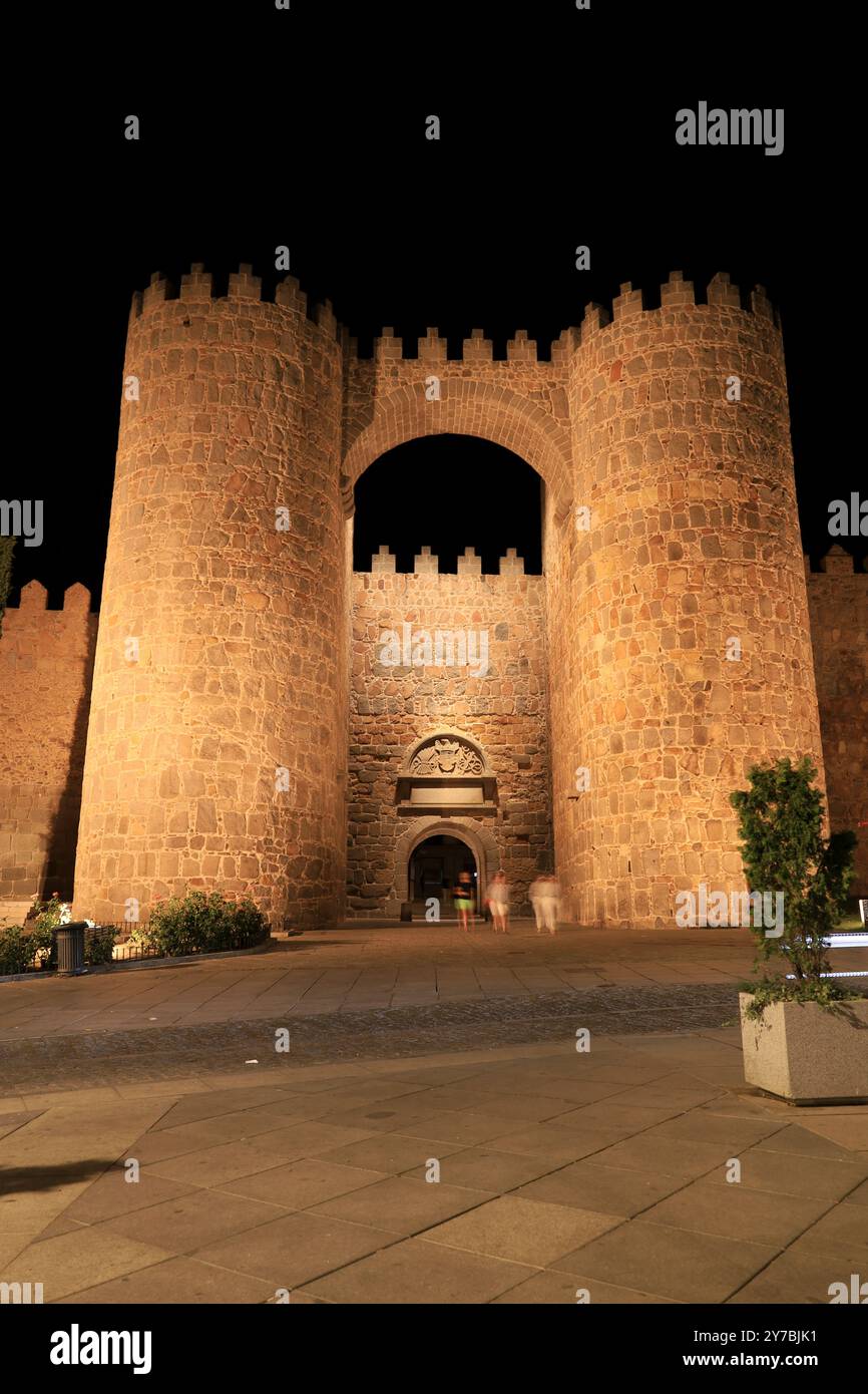 Gate of The Alcazar of the walls at night in Avila city, Spain Stock ...