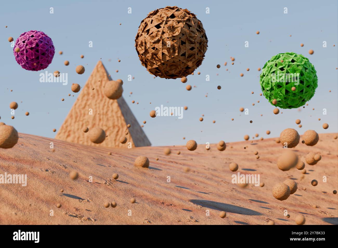 Abstract scene featuring floating spheres and a pyramid in a desert ...