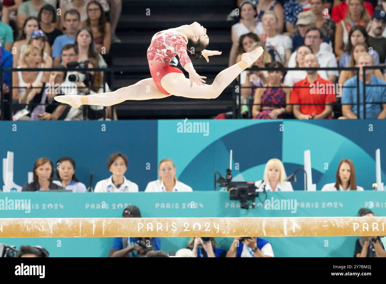 July 30, 2024: Ava Stewart of Canada performs on beam during the Women ...