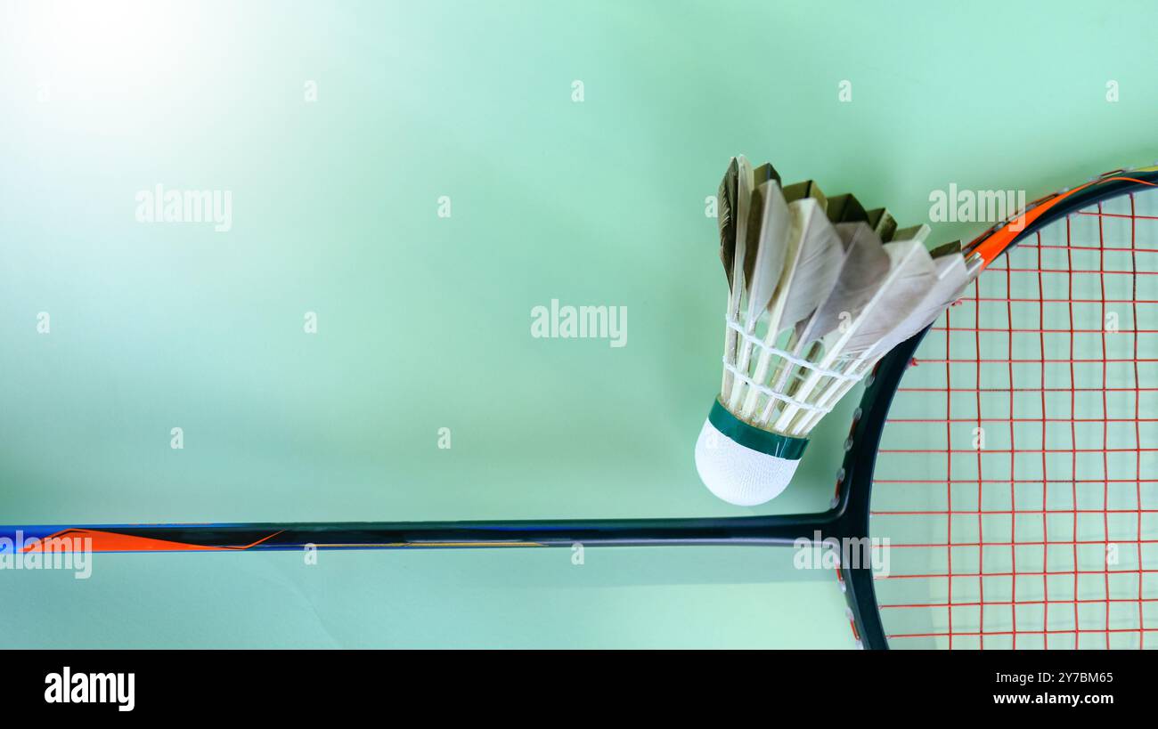 White badminton shuttlecocks and badminton rackets on green background ...