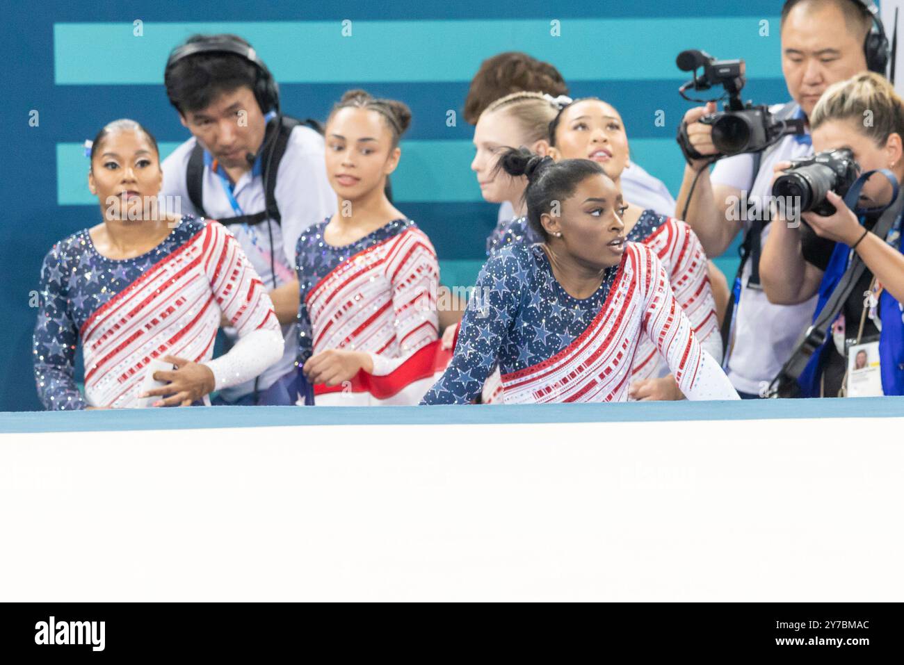 July 30, 2024: Simone Biles and USA teammates await judging scores ...