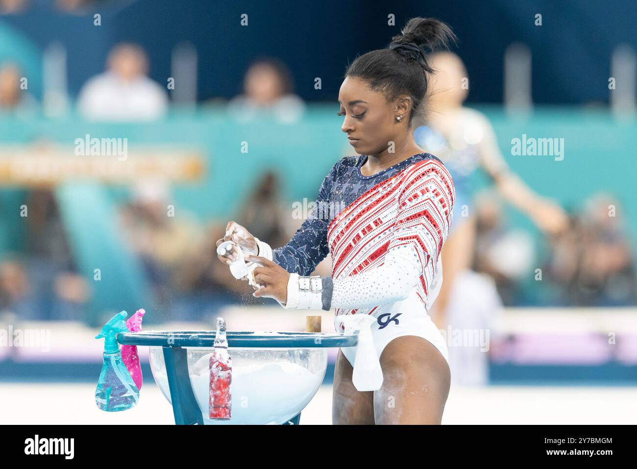 Paris, France. 30th July, 2024. Simone Biles of USA prepares for her ...