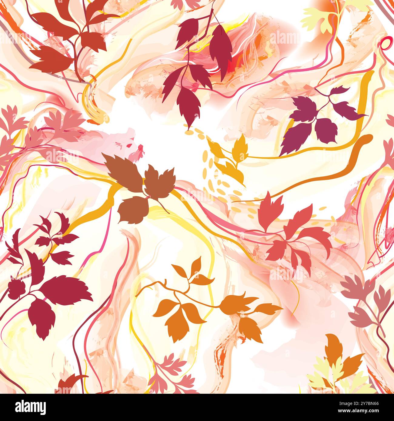 Autumn leaves and wavy lines seamless seasonal pattern. Beautiful ...