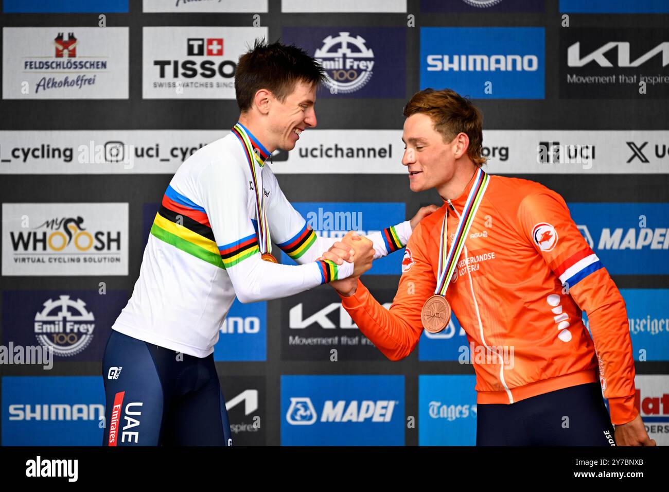 Switzerland. 29th Sep, 2024. Slovenian Tadej Pogacar and gold medalist and Dutch Mathieu van der ...