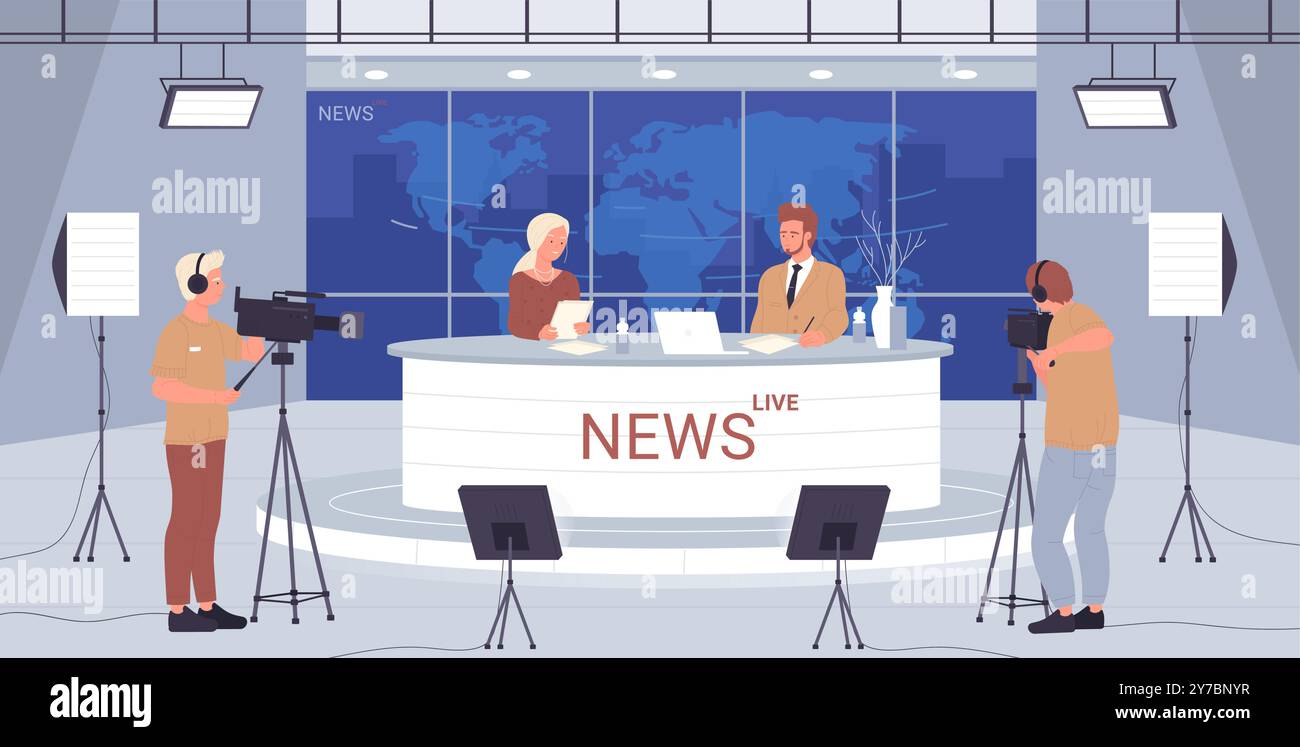 TV breaking news in studio interior with backstage. TV journalists and newscasters sitting at ...