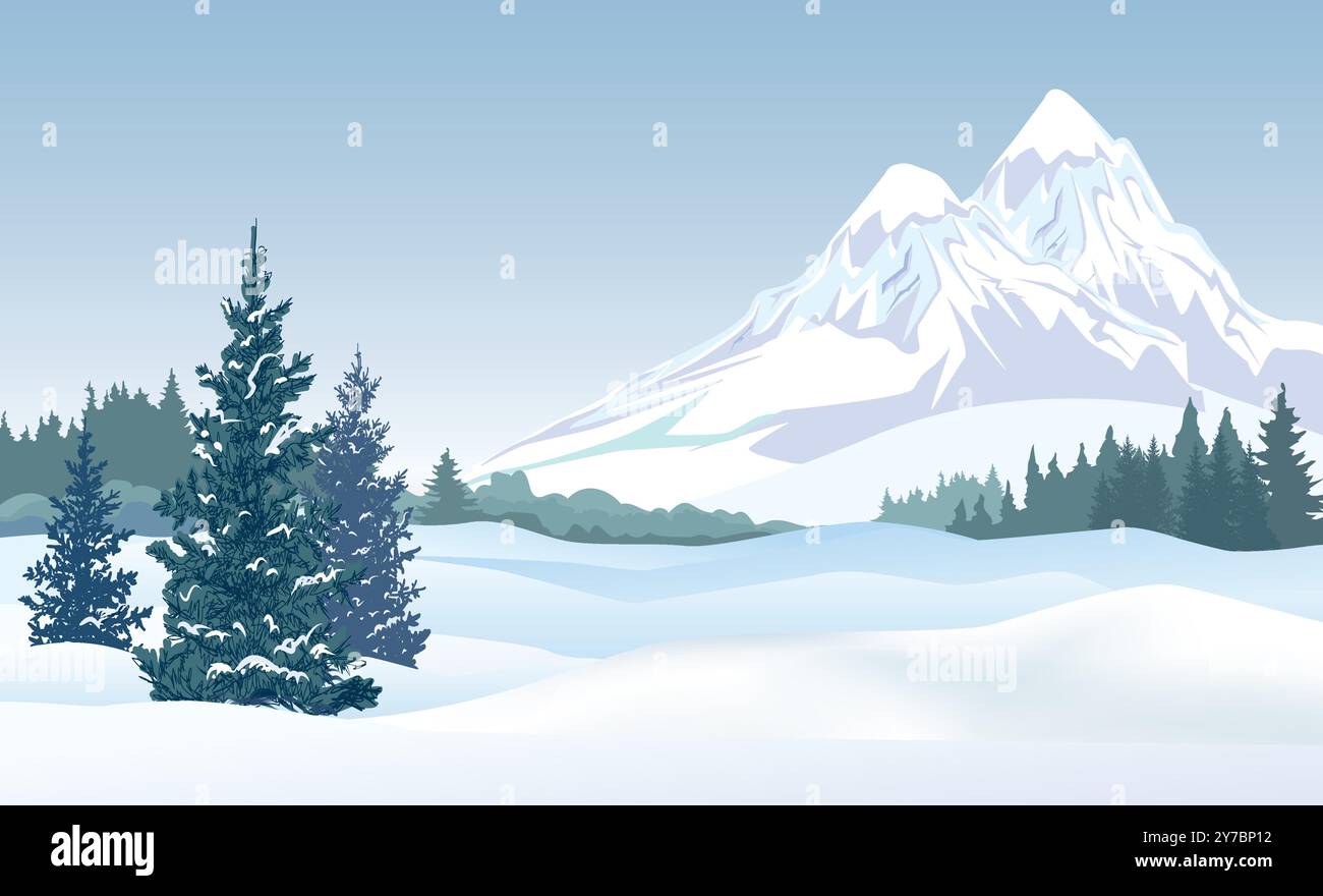 Winter landscape with mountains. Snowy holiday background. Blue sky ...