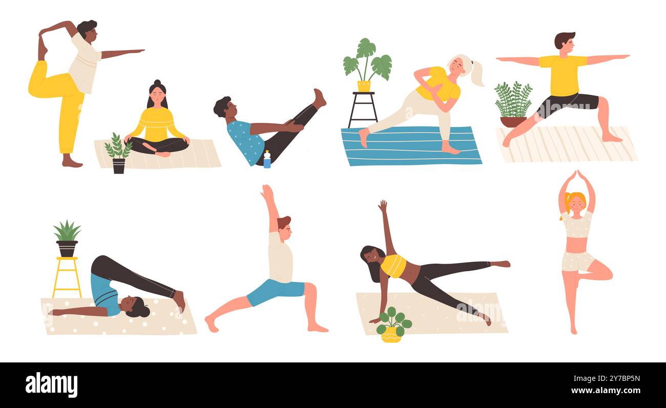 Vector illustration diverse individuals performing different yoga poses ...