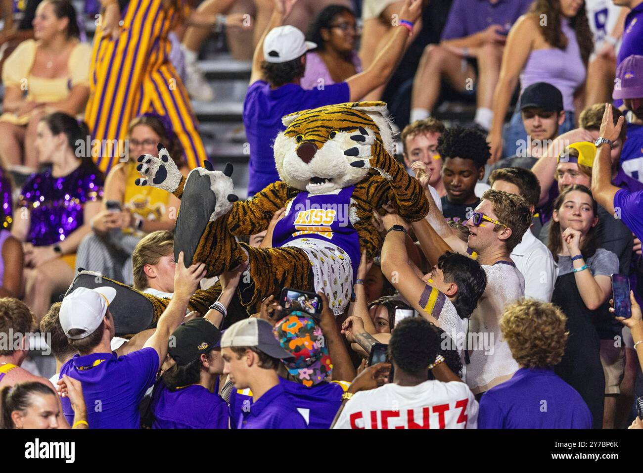 BATON ROUGE, LA - SEPTEMBER 28: LSU Tigers mascot Mike the Tiger surfs ...